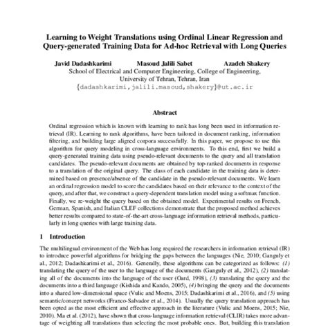 Learning To Weight Translations Using Ordinal Linear Regression And Query Generated Training
