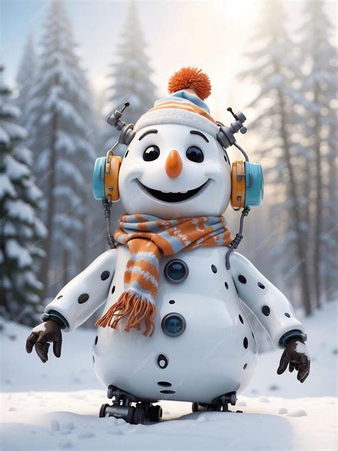 Premium Ai Image Snowman Robot At Winter Landscape