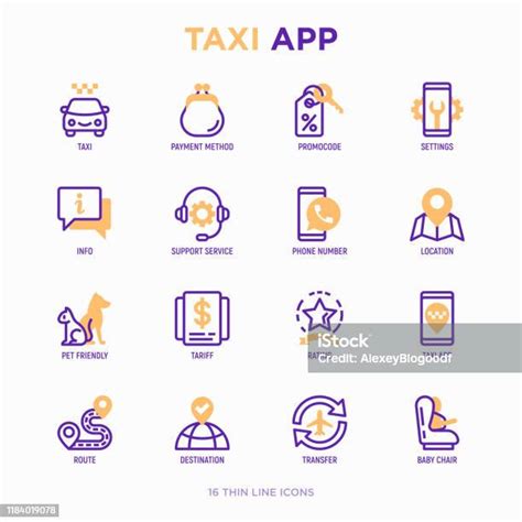 택시 응용 프로그램 얇은 라인 아이콘 세트 지불 방법 프로모션 코드 응용 프로그램 설정 정보 지원 서비스 전화 번호 위치 포인터 경로 목적지 공항 전송 아기 좌석 벡터