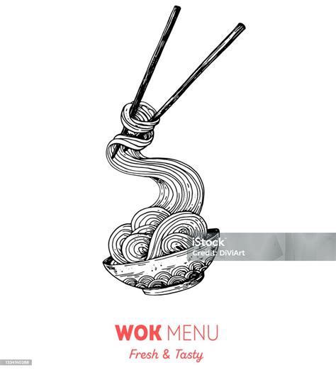 그릇 국수와 젓가락 스케치 아시아 음식 중국 한국 일본 요리 로고 템플릿입니다 손으로 그린 벡터 일러스트레이션 국수에 대한 스톡