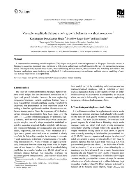 Pdf Variable Amplitude Fatigue Crack Growth Behavior — A Short Overview