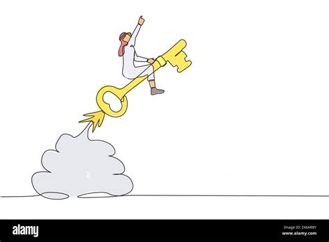 Continuous One Line Drawing Arab Businessman Riding Key Rocket Flying In The Sky Discover Key