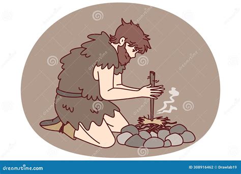 Primitive Man On Knees For First Time Breeds Bonfire Using Stick And Friction Force Vector