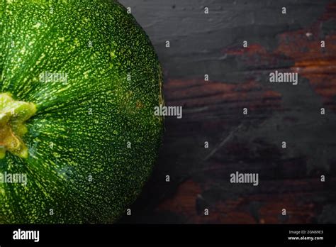 Fresh Green Squashes Set On Old Dark Wooden Table Background Top View Flat Lay With Copy