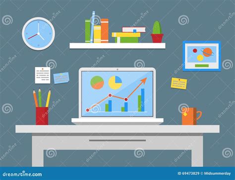 Flat Design Vector Illustration Modern Office Interior Creative Office Workspace With Computer