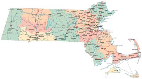 Large Administrative Map Of Massachusetts State With Roads Highways