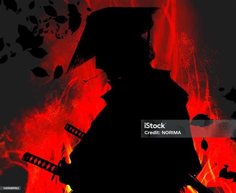 에도 시대 사무라이를 연기하는 가부키 배우의 흑백 종이 컷아웃 스타일의 일러스트레이션으로 흐르는 짠 모자를 쓰고 나뭇가지를 입에 들고 성난 붉은 불꽃을 태우는 실루엣 배경이