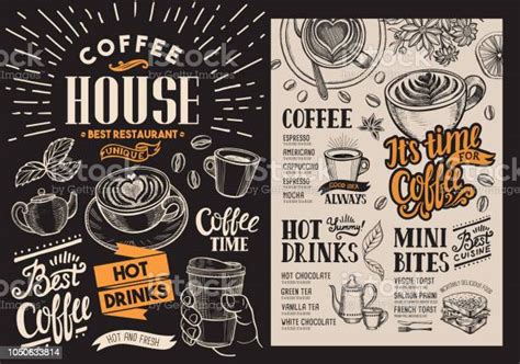 커피 레스토랑 메뉴입니다 벡터 음료 안내물 바와 카페 빈티지 그린 음식 그림 칠판 디자인 서식 파일 커피 마실 것에 대한 스톡 벡터 아트 및 기타 이미지 Istock
