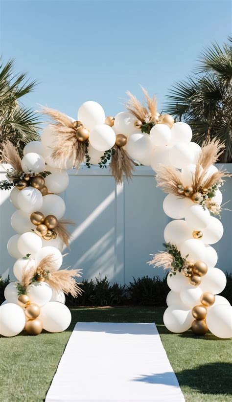 29 Stunning Wedding Balloon Arch Ideas With White Gold And Floral