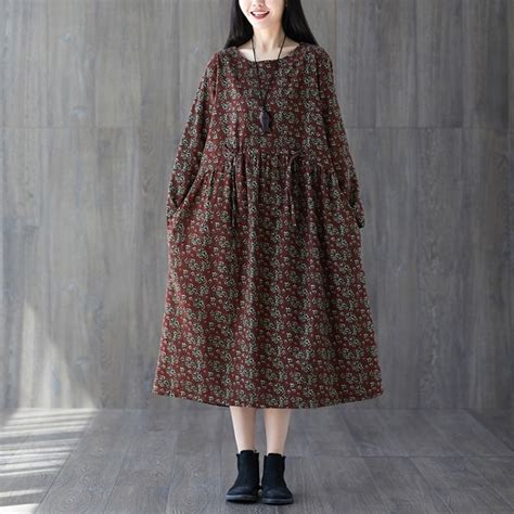 레트로 코튼 및 리넨 인쇄 Drawstring 허리 슬리밍 중간 길이 드레스 여성 색상 와인 레드 크기 M