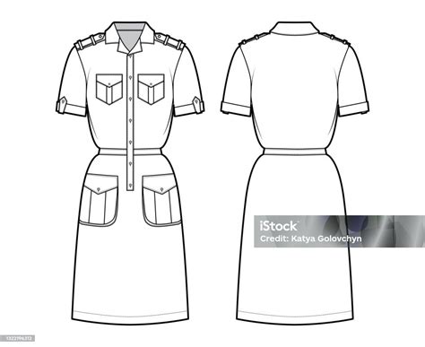 드레스 사파리 기술 패션 일러스트와 반소매 플랩 카고 포켓 견장 몸에 맞는 무릎 길이 0명에 대한 스톡 벡터 아트 및 기타
