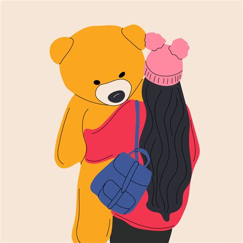 Pretty Woman Hug A Giant Teddy Bear Doll Fashion Girl Illustration Love Valentines Day