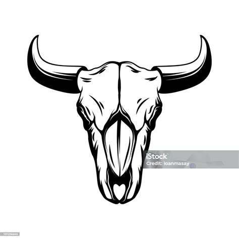 모노크롬 스타일의 버팔로 두개골의 그림 와일드 웨스트 테마 라벨 기호 엠블럼 포스터용 디자인 요소 벡터 일러스트레이션 두개골에