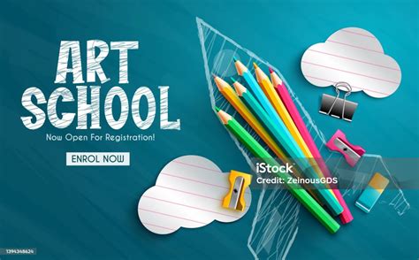 예술 교육 벡터 배경 디자인 창의력 학습 등록을위한 로켓 드로잉 분필 보드 요소에서 컬러 연필과 종이 컷이있는 예술 학교 텍스트