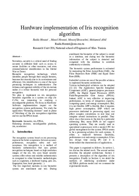 Pdf Hardware Implementation Of Iris Recognition Algorithm Moncef