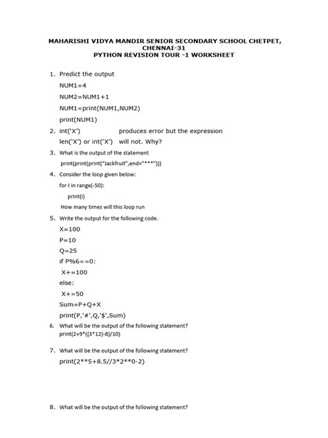 Python Revision Tour 1 Worksheet Pdf Computer Programming Computer Engineering