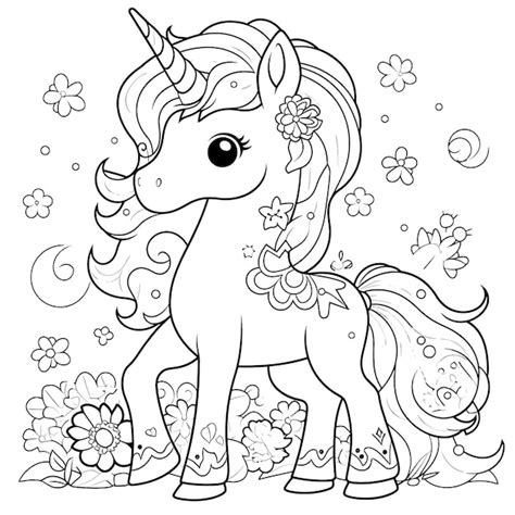 어린이와 성인을 위한 유니콘 흑백 색칠 페이지 라인 아트 간단한 만화 스타일 행복하고 귀엽고 재미있습니다 프리미엄 벡터