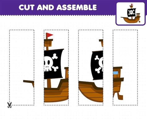 아이들을 위한 교육용 게임은 귀여운 만화 배와 동굴 인쇄 가능한 해적 워크시트의 크기로 연결됩니다 프리미엄 벡터