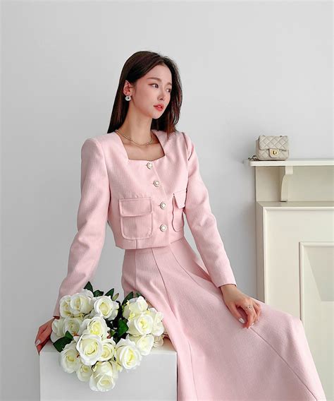 샤인러브 하이퀄리티set 트위드 스퀘어넥 크롭 숏 자켓 플레어 롱 스커트 투피스 셋업 세트