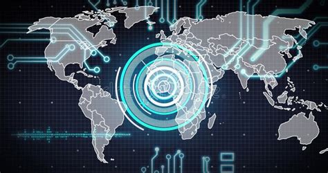digital world map with glowing circuits and target animation over