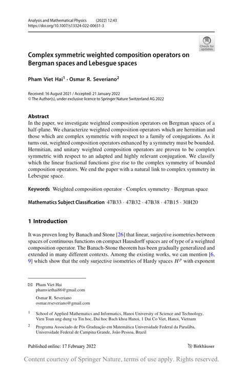 Complex Symmetric Weighted Composition Operators On Bergman Spaces And Lebesgue Spaces Request Pdf