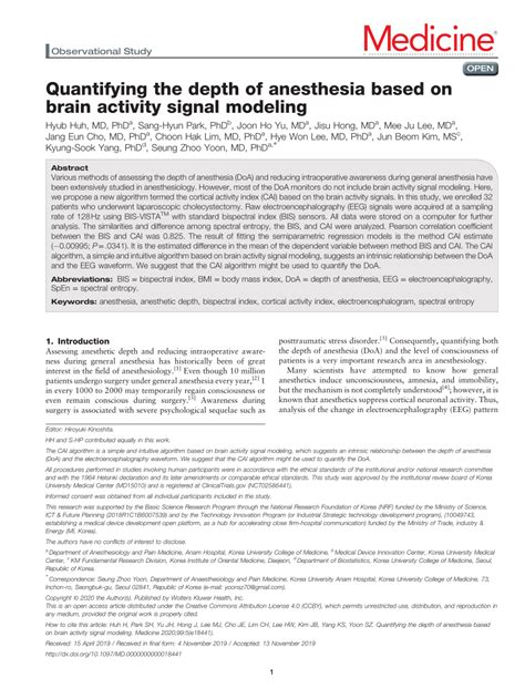 Pdf Quantifying The Depth Of Anesthesia Based On Brain Activity Signal Modeling