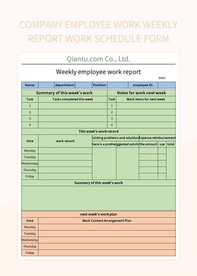 Company Employee Work Weekly Report Work Schedule Form Excel Template And Google Sheets File For