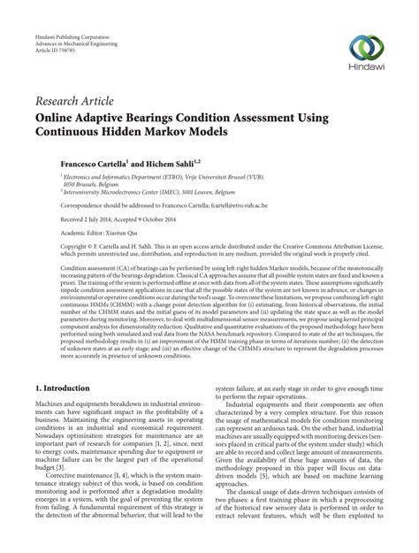 pdf online adaptive bearings condition assessment using continuous hidden markov models