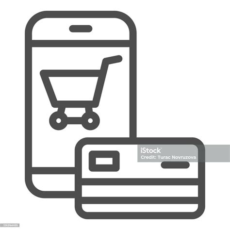 스마트폰 및 신용 카드 라인 아이콘 쇼핑 개념 흰색 배경에 신용 카드 기호에서 모바일 결제 개요 스타일에 신용 카드 아이콘 휴대 전화 벡터 그래픽 벡터에 대한 스톡 벡터