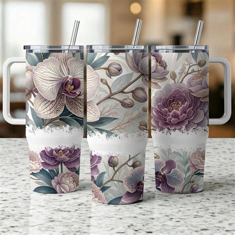 Orchid Floral 40oz Tumbler Wrap Purple Flowers Design Metallic Look