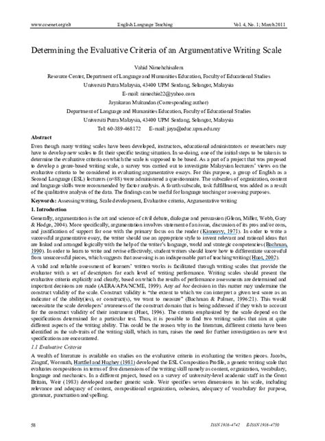 Pdf Determining The Evaluative Criteria Of An Argumentative Writing Scale