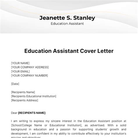 Free Education Assistant Cover Letter Template To Edit Online