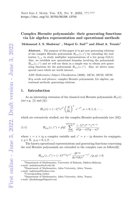 Pdf Complex Hermite Polynomials Their Generating Functions Via Lie Algebra Representation And