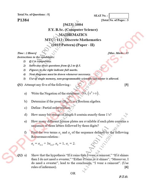 Bsc Bsc Cs Mathematics Semester 1 2019 November Discrete Mathematics 2019 Pattern
