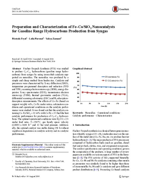 Pdf Preparation And Characterization Of Fe Co Sio2 Nanocatalysts For