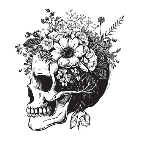 Skull With Flowers Drawing