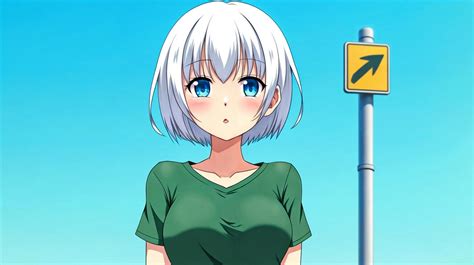 Портрет аниме девушки с белыми волосами на фоне дорожного знака · 1366x768 бесплатная фотография