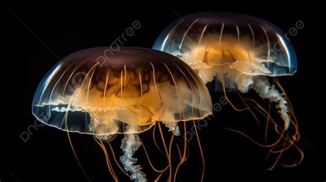 어둠 속에서 길고 검은 다리를 가진 두 마리의 해파리 빛으로 비추는 두 개의 투명한 해파리의 근접 촬영 고화질 사진 사진 해파리 배경 일러스트 및 사진 무료 다운로드
