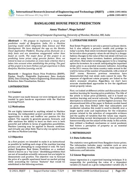 Bangalore House Price Prediction Pdf Regression Analysis Machine Learning