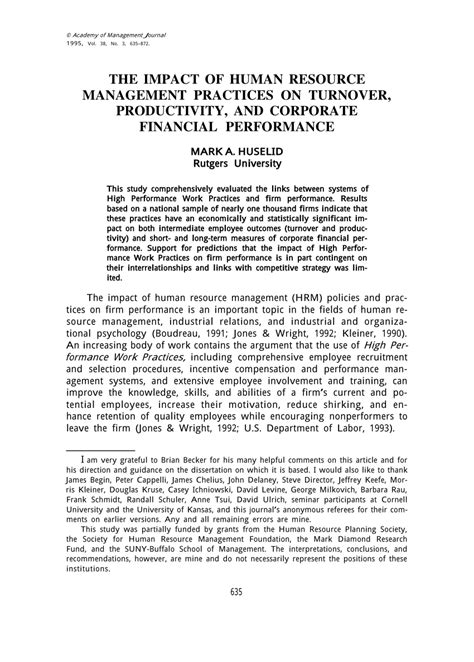 Pdf The Impact Of Human Resource Management Practices On Turnover Productivity And Corporate
