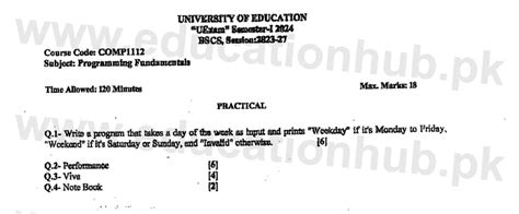 Comp1112 Programming Fundamentals Bs Education University Lahore Practical Past Paper 2024