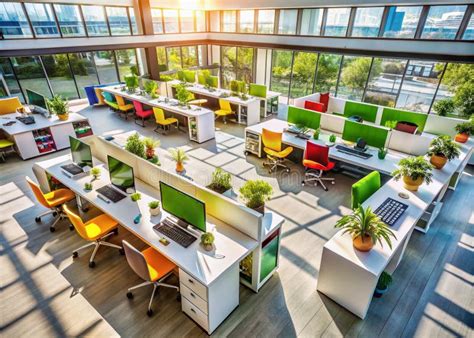 Boosting Teamwork And Productivity An Aerial View Of A Colorful Organized Office Workspace