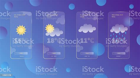 Set Of 3d Glassmorphism Weather Forecast App Template Interface Design Kit Day Meteo Icons On