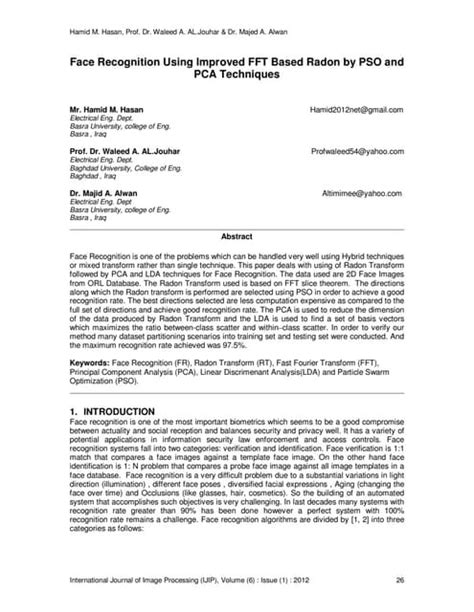 Face Recognition Using Improved Fft Based Radon By Pso And Pca Techniques Pdf