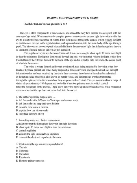 Reading Comprehension For 12 Grade Pdf Eye Chocolate