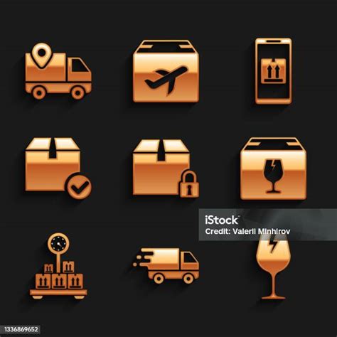 잠긴 패키지 이동 배달 트럭 깨지기 쉬운 깨진 유리 깨지기 쉬운 내용상자 스케일 골판지 패키지 확인 표시 모바일 앱 추적 및 아이콘을 설정합니다 벡터 Brand Name