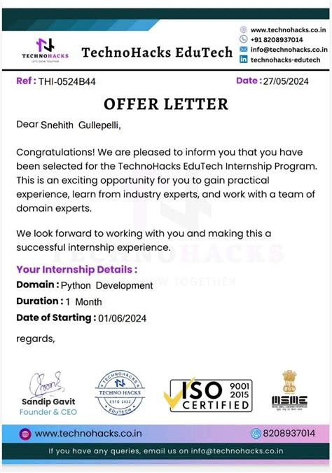 Snehith Gullepelli On Linkedin Internship Offer Letter From