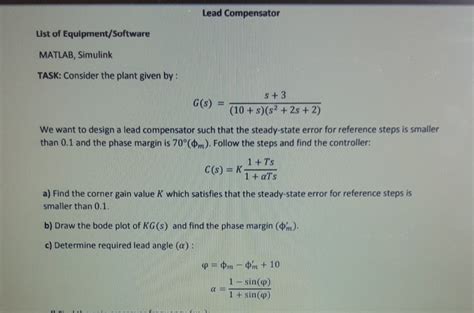 solved lead compensator list of equipment software matlab