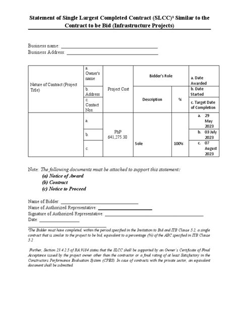 Slcc Statement Of Single Largest Completed Contract Slcc Similar To The Contract To Be Bid
