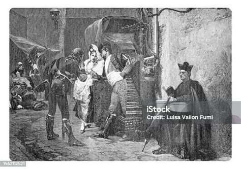 빈티지 판화 스페인 마을에서 코치를 기다리는 우체국의 여행자 전통 의상을 입은 길러와 근처에 앉아있는 사제를 들고 날아 다니는 남자 거리에 대한 스톡 벡터 아트 및 기타